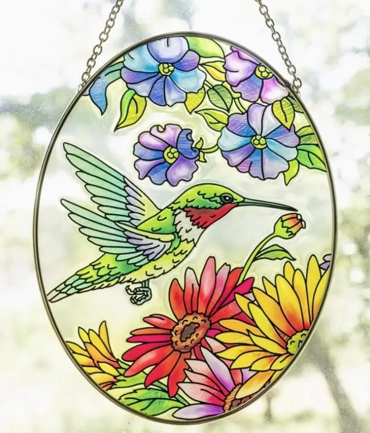 Hummingbird Garden 2 Glass Oval Suncatcher - 7"x 5.5" by Gift Solutions ...